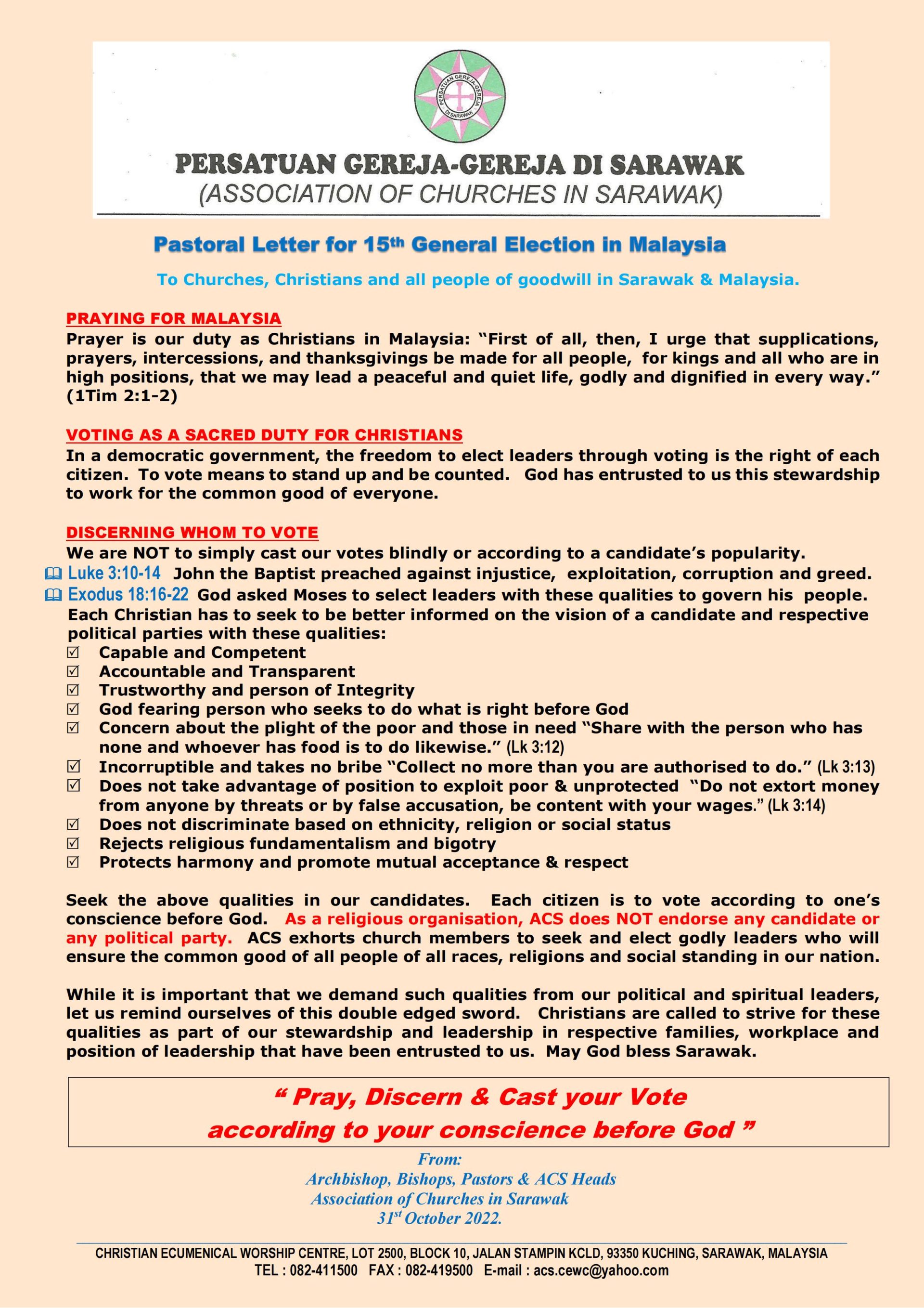 ACS Pastoral Letter for 15th General Election in Malaysia - Today's ...